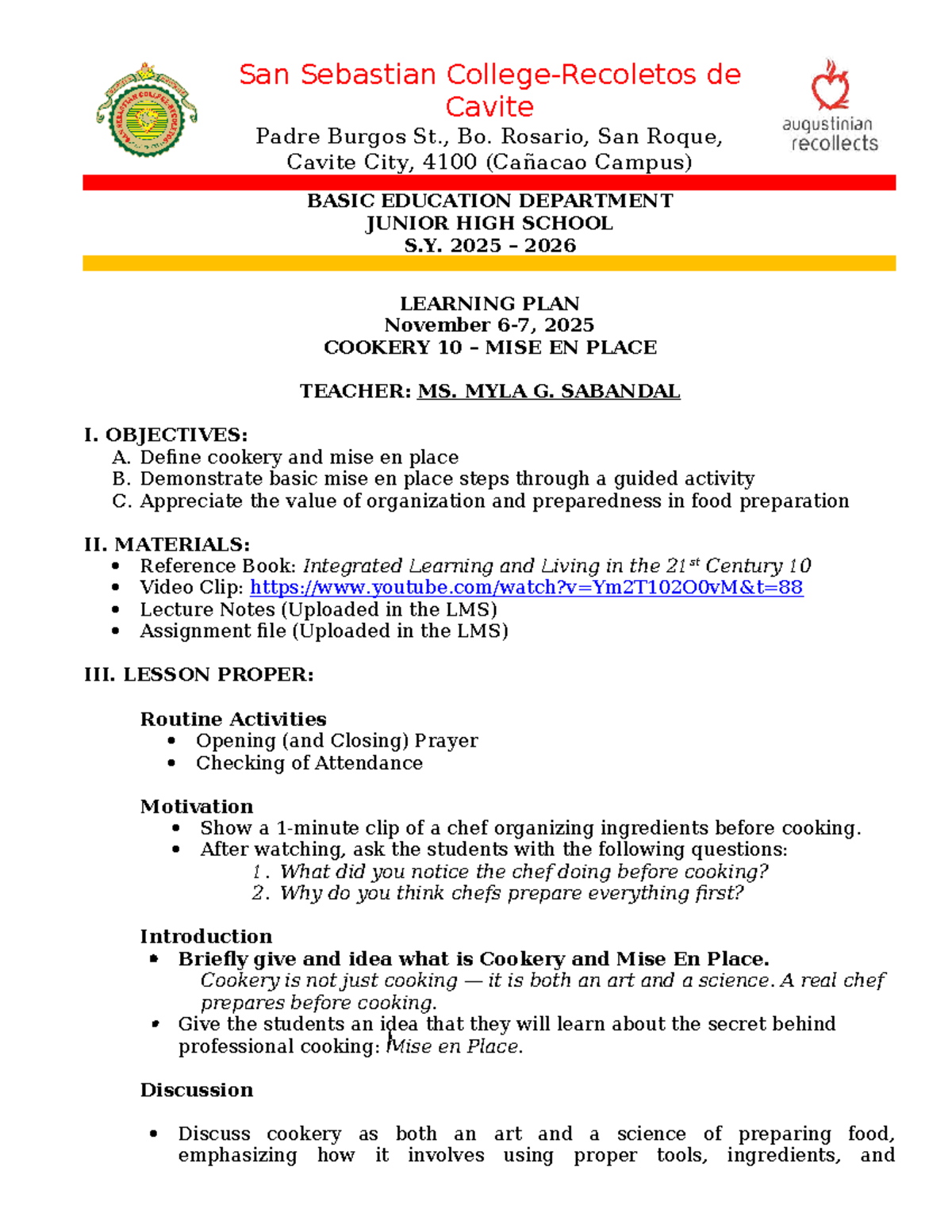 TLE 10-W1-Nov 3-7: Lesson Plan for Cookery 10 - Mise en Place - Studocu