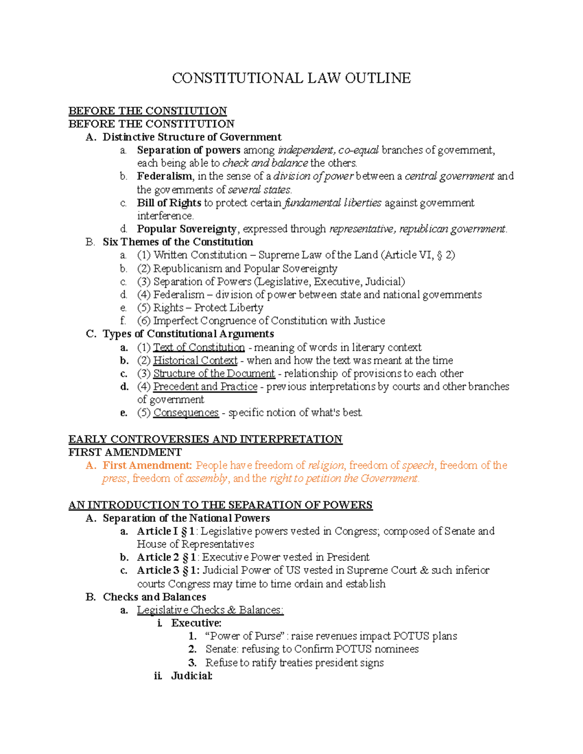 Constitutional Law Outline: Key Themes and Government Structure ...