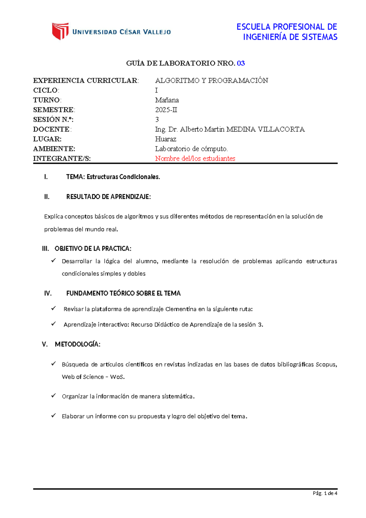 Guía de Laboratorio Nro. 03: Estructuras Condicionales - Algoritmo y ...