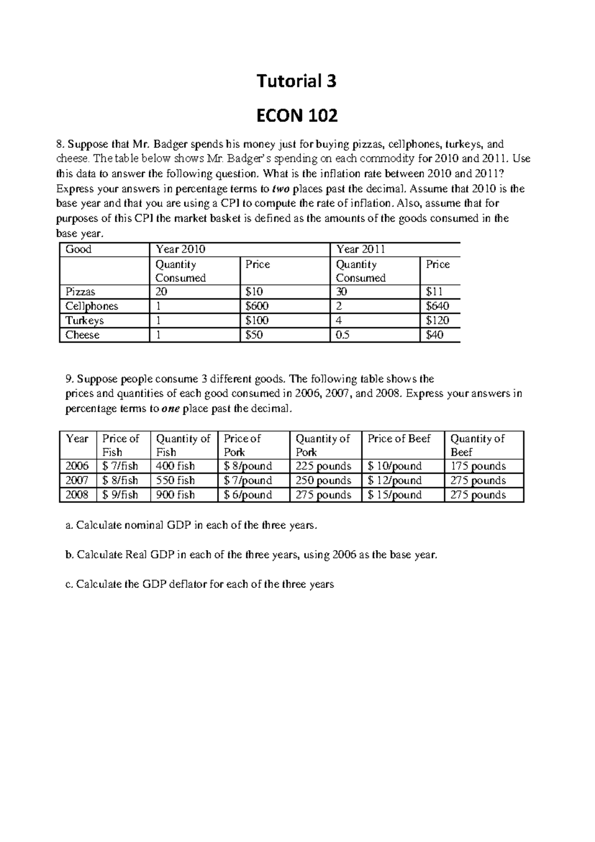 ECON 102 Tutorial 3: Calculating Inflation & GDP Analysis - Studocu