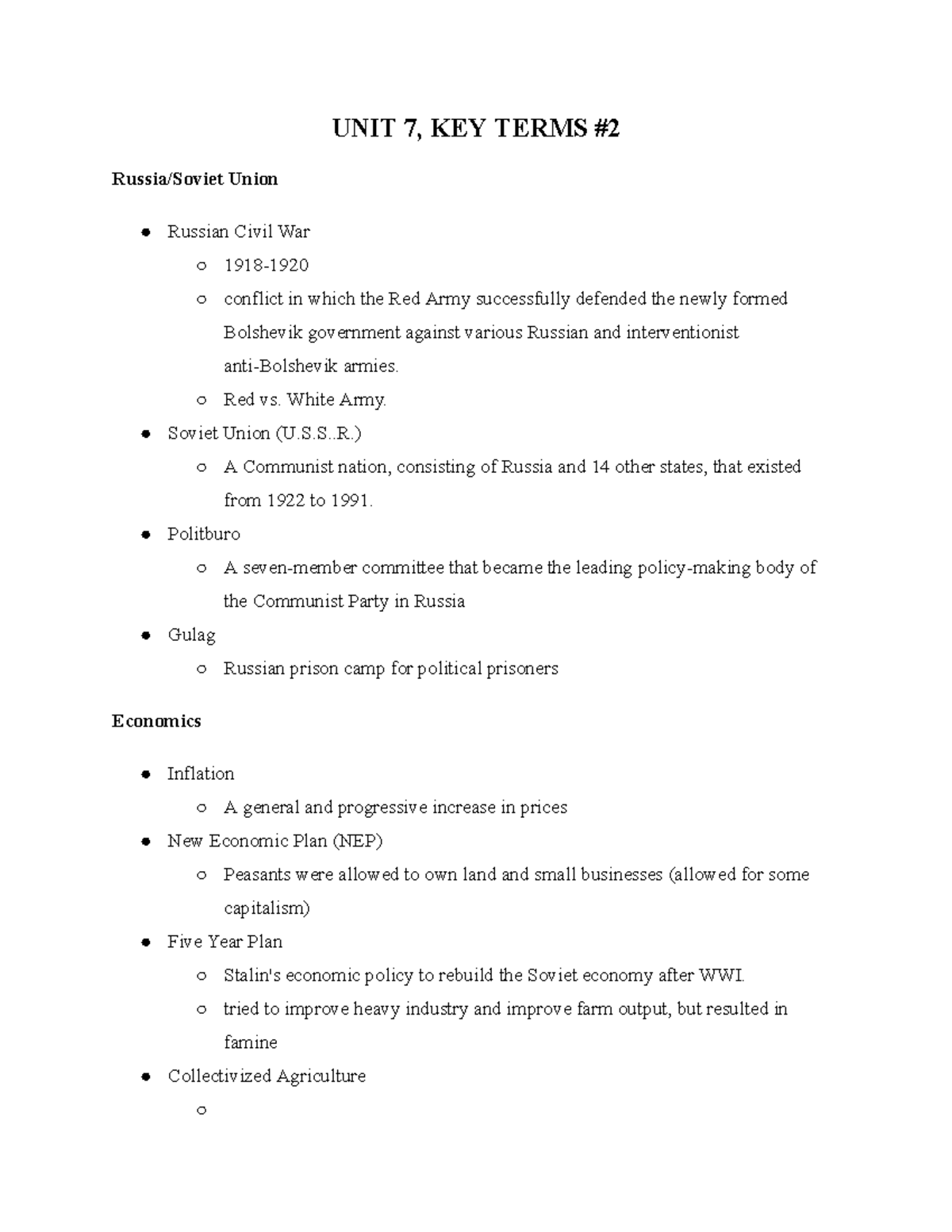 UNIT 7: Key Terms on Russian Civil War, WWII, and Genocides - Studocu