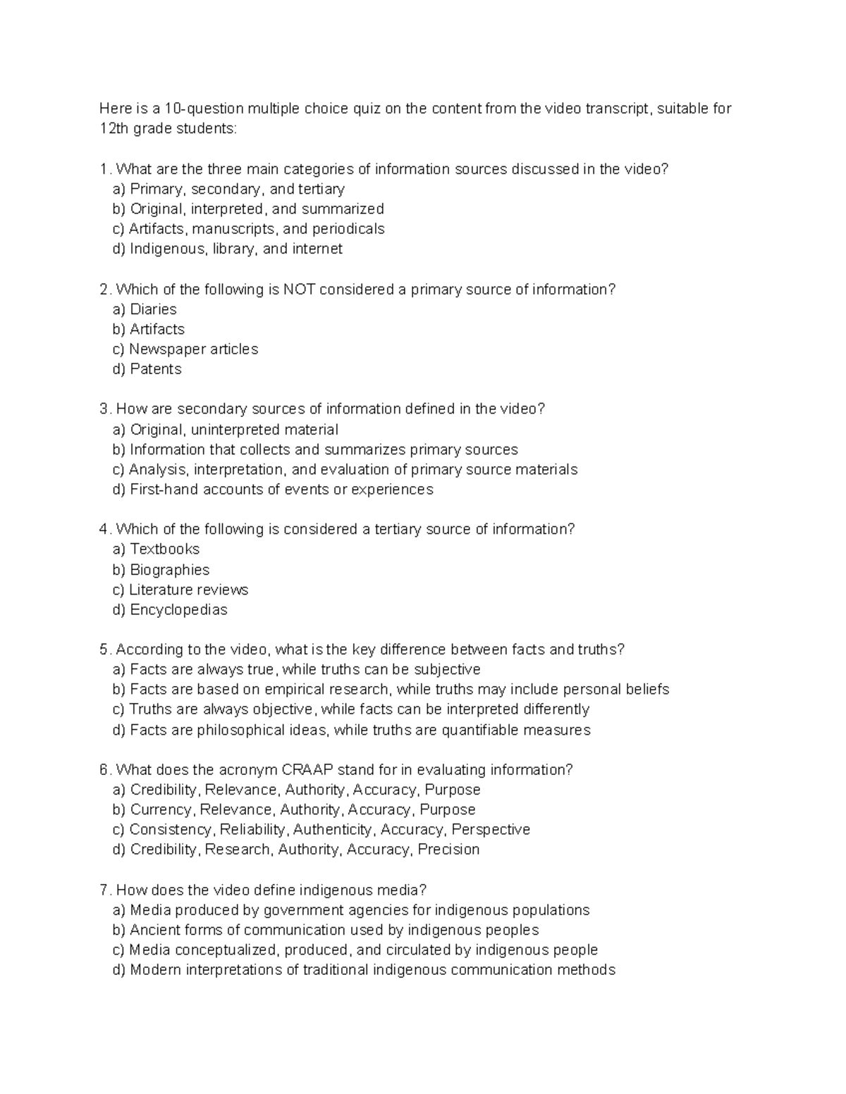 Grade 12 - Quiz on Source Evaluation and Information Types - Studocu