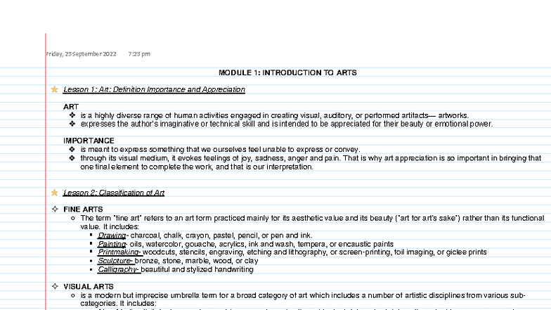 HUM 10: Module 1 - Introduction to Arts Lesson Notes - Studocu