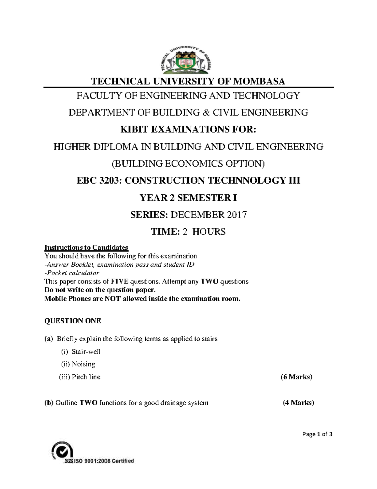EBC 3203: Construction Technology III-A Exam Paper - Dec 2017 - Studocu