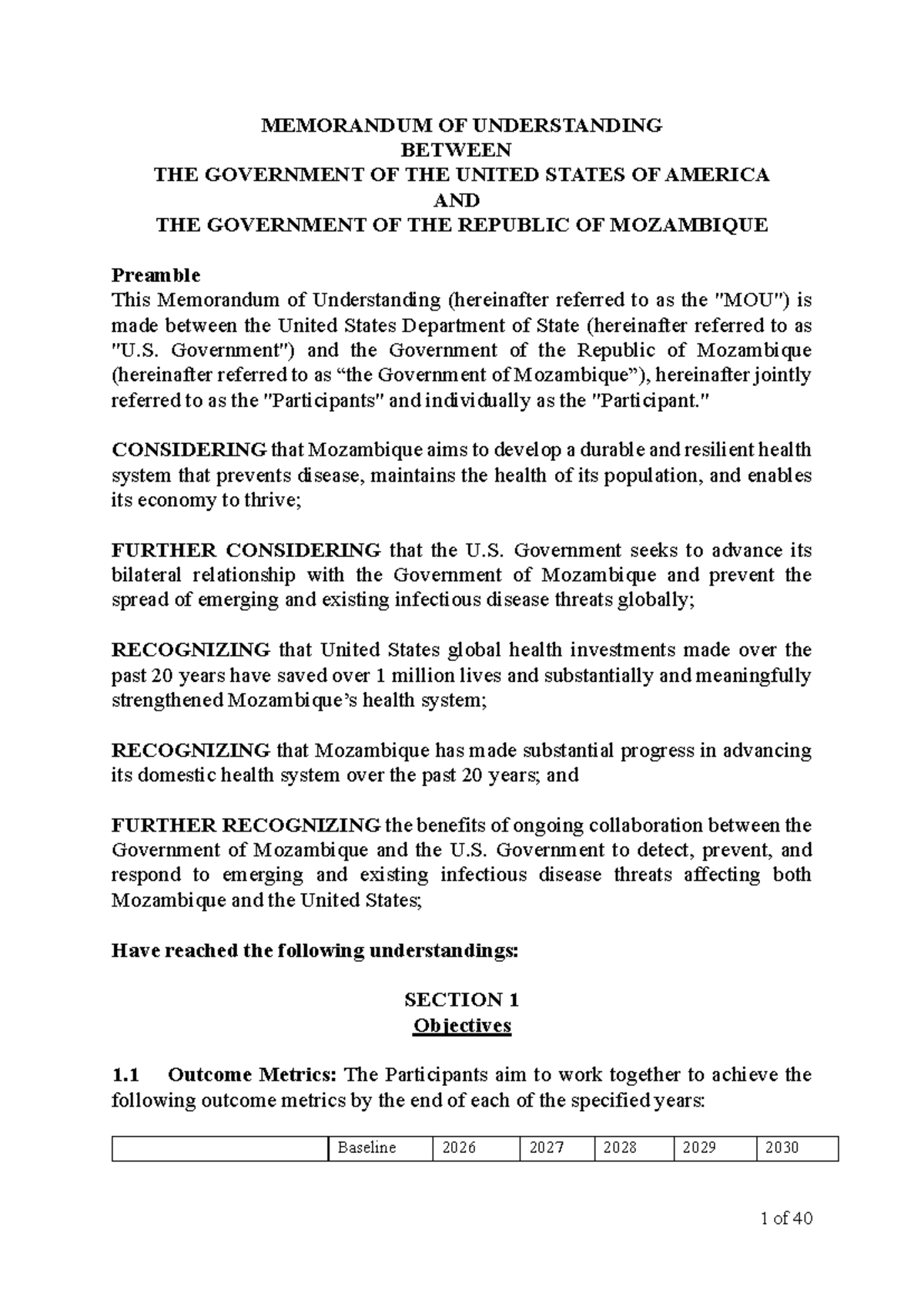 Mozambique MOU: U.S. & Mozambique Health Cooperation 2030 - Studocu