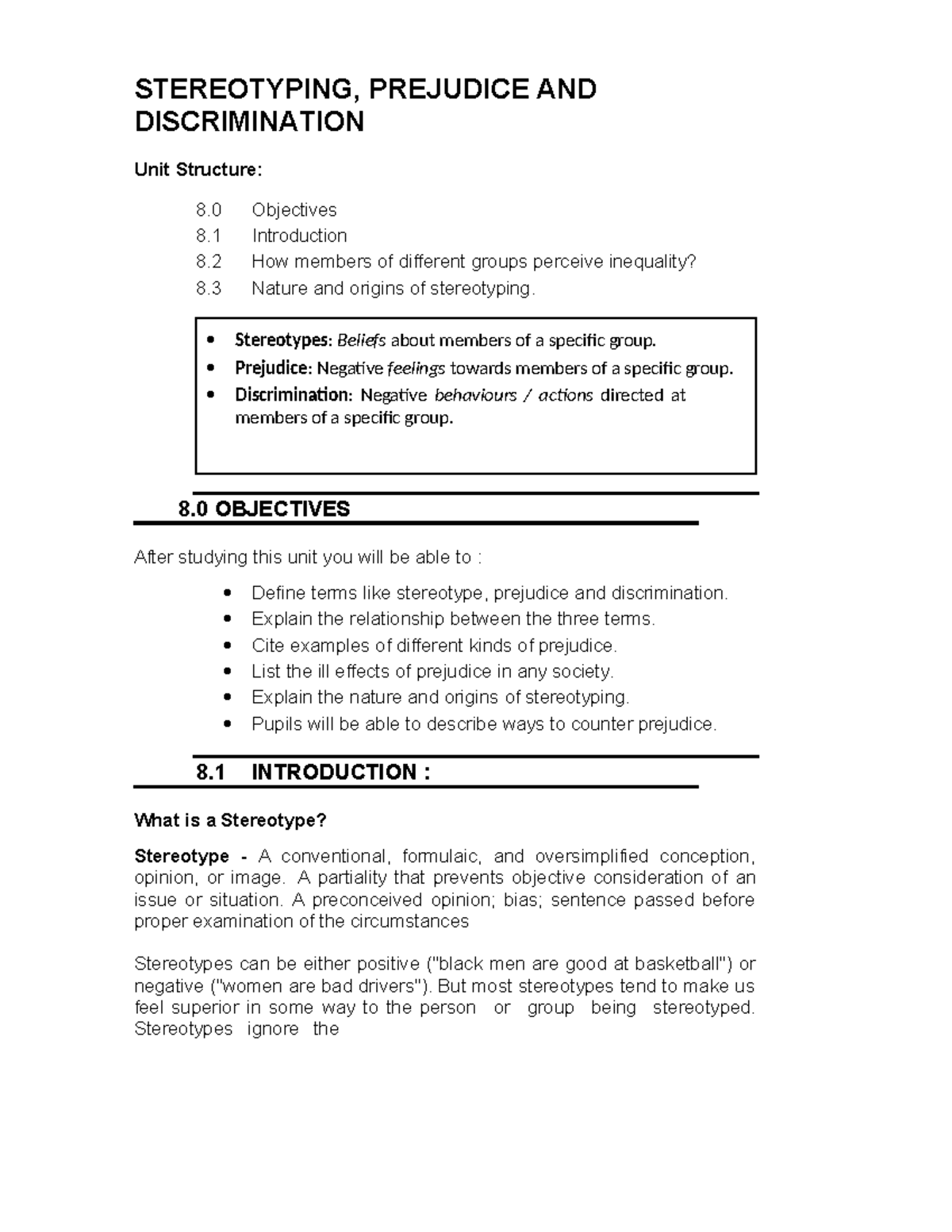 Notes on Stereotyping, Prejudice, and Discrimination (Unit 8) - Studocu