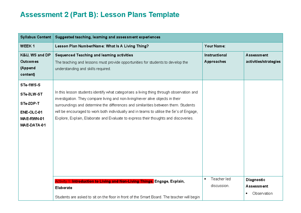 EMS406 Assessment 2: Lesson Plans on Living Things - Studocu