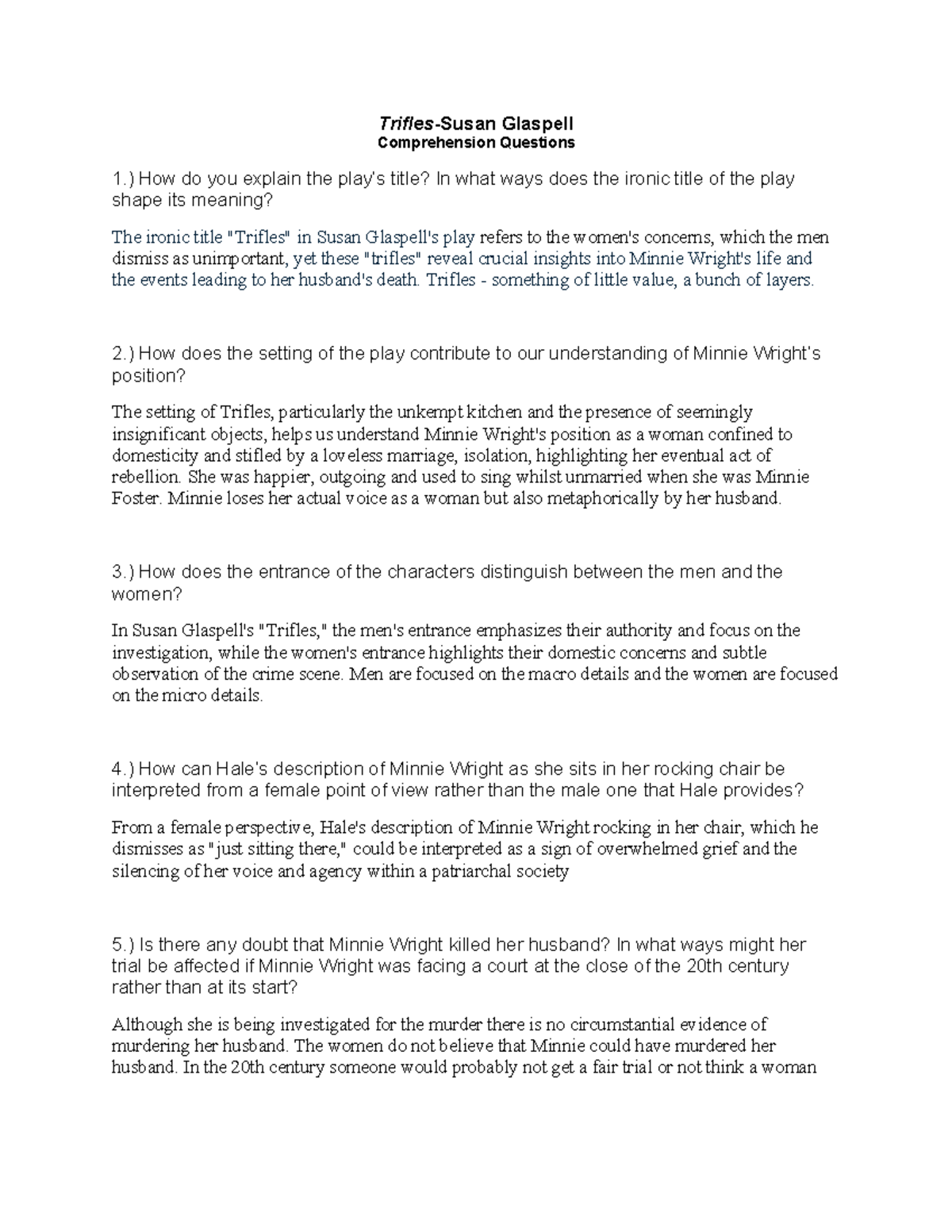 Trifles (ENG 101) Comprehension Questions and Analysis - Studocu