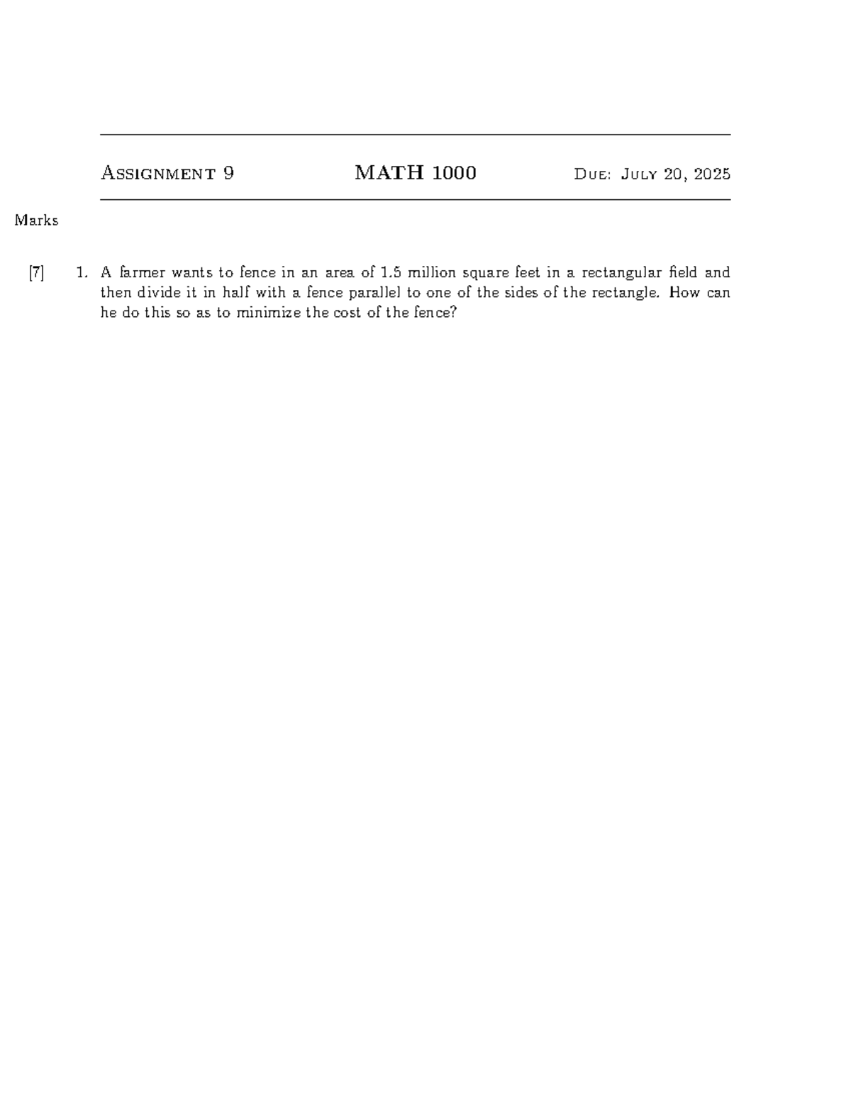 Assignment 9 MATH: Minimizing Fence Costs & Box Volume Optimization ...