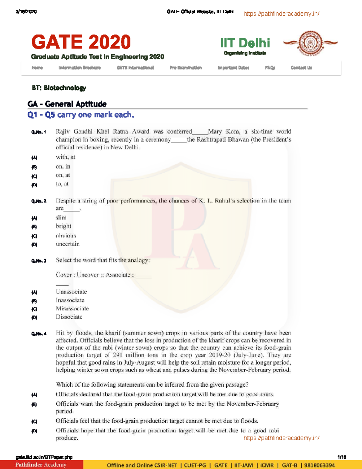 GATE Life Sciences Biotechnology Previous Year QP 2020 - Studocu