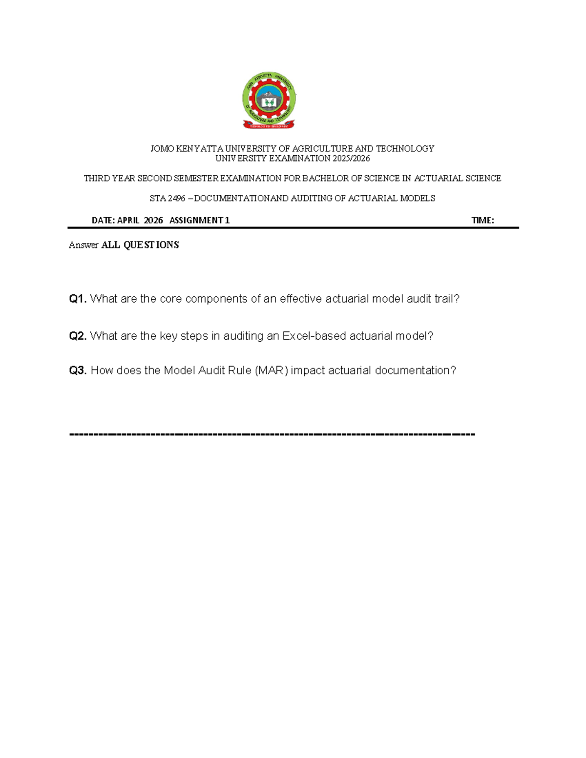 ST 2496 Assignment 1 April 2026 - JOMO KENYATTA UNIVERSITY OF ...