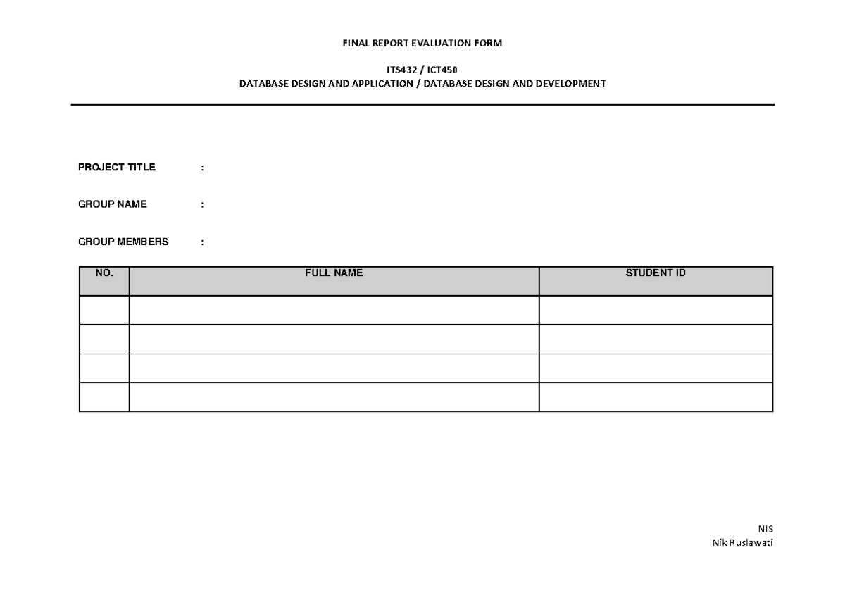 Final Report Evaluation Form for ITS432 ICT450 Database Design - Studocu