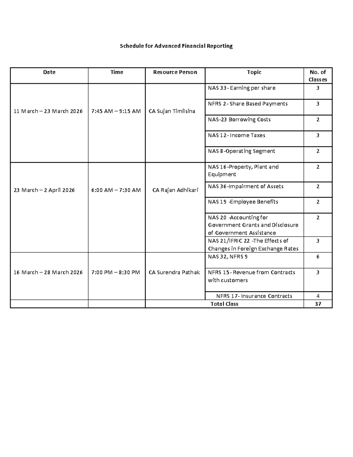 Schedule for Advanced Financial Reporting (AFR) Classes - Studocu