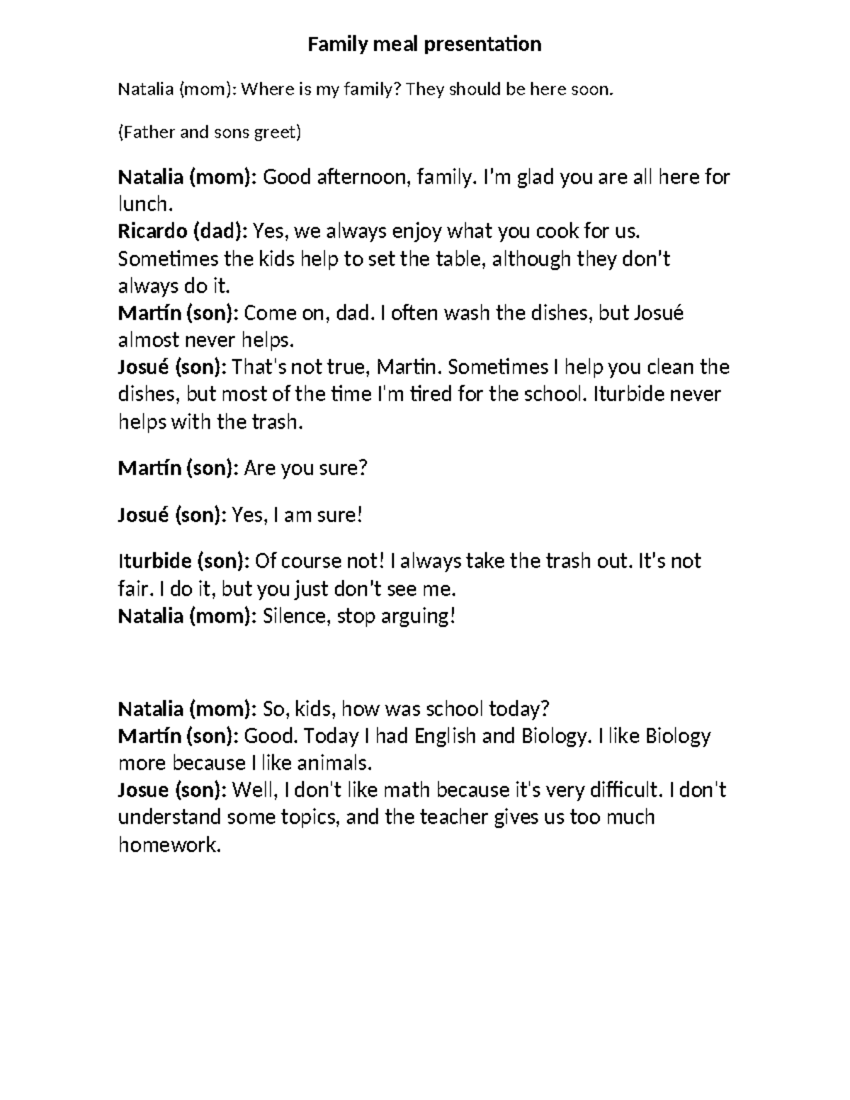 Family Meal Presentation: A Conversation in English (ENG 6) - Studocu