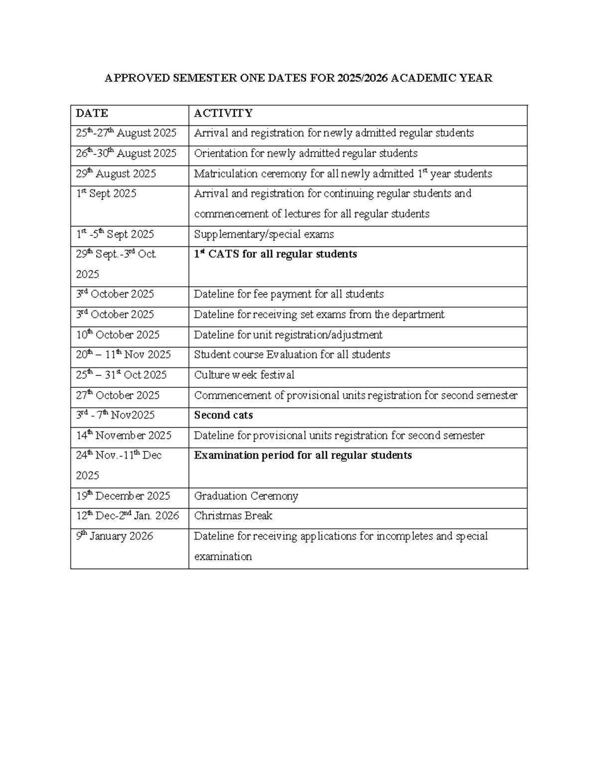 Approved Semester One Dates for Academic Year 2025-2026 - Studocu