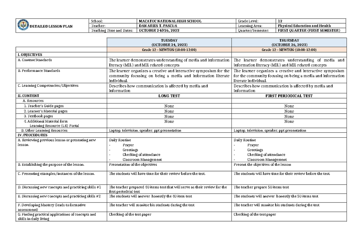 MIL-WEEK-9 - Detailed Lesson Plan for Grade 12 Physical Education - Studocu