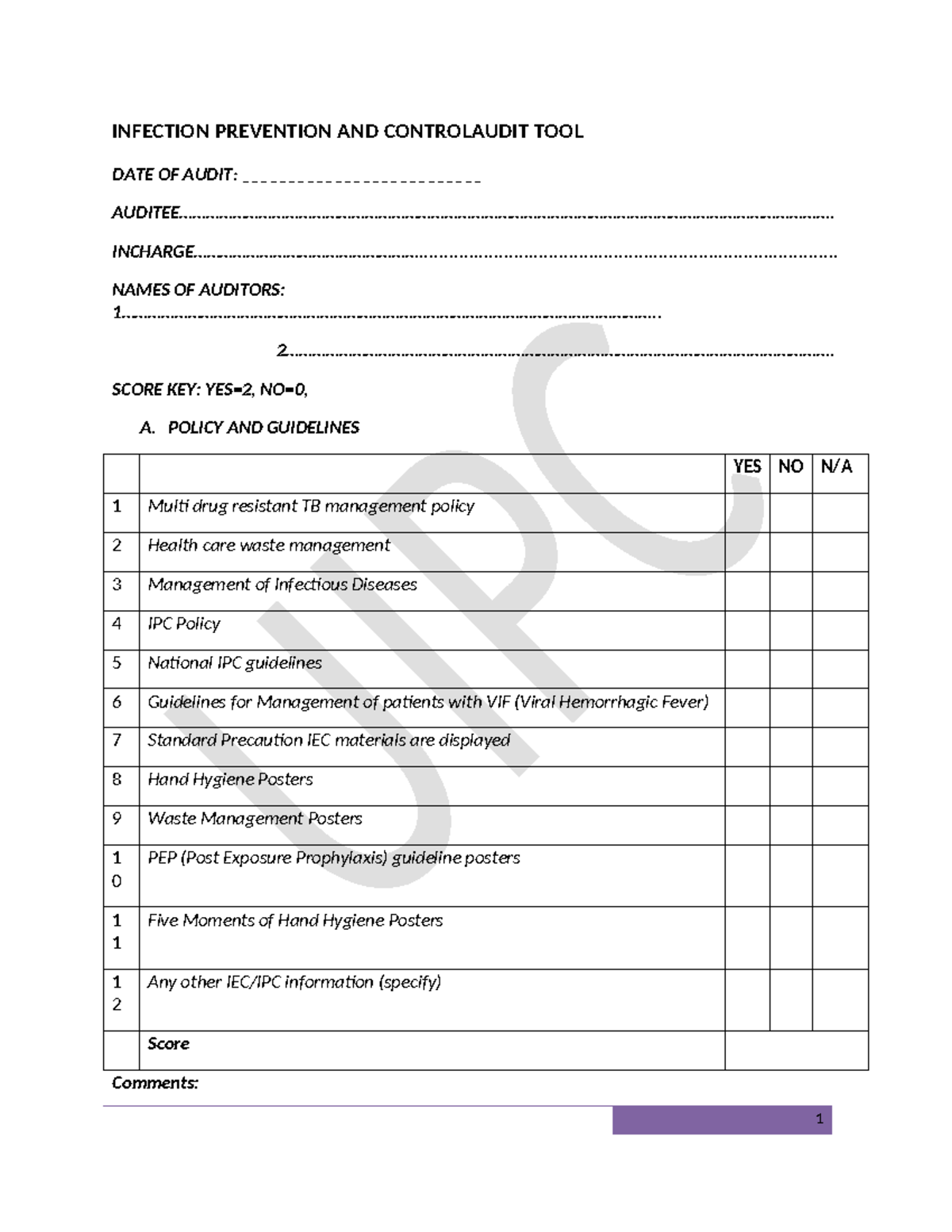 IPC Audit Tool - Final Exam Notes on Infection Prevention & Control ...