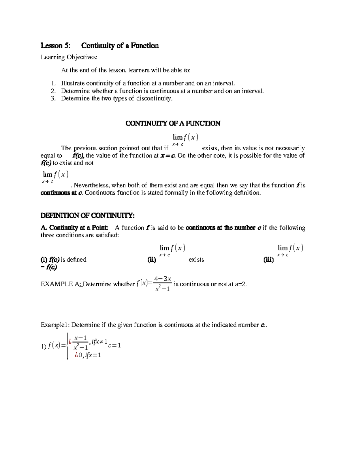 Lesson 5: Continuity of a Function Concepts and Examples - Studocu