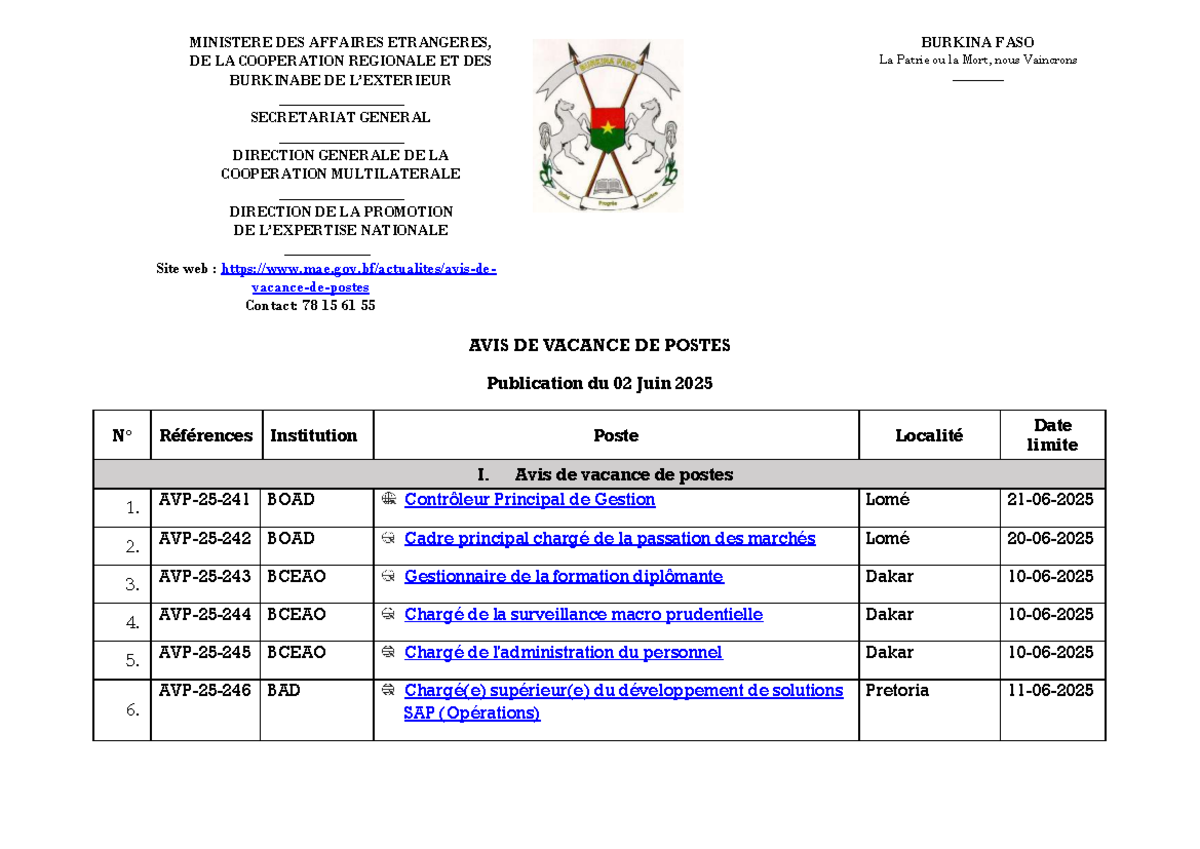 Avis de Vacance de Postes - DPEN - 02 Juin 2025 - Studocu