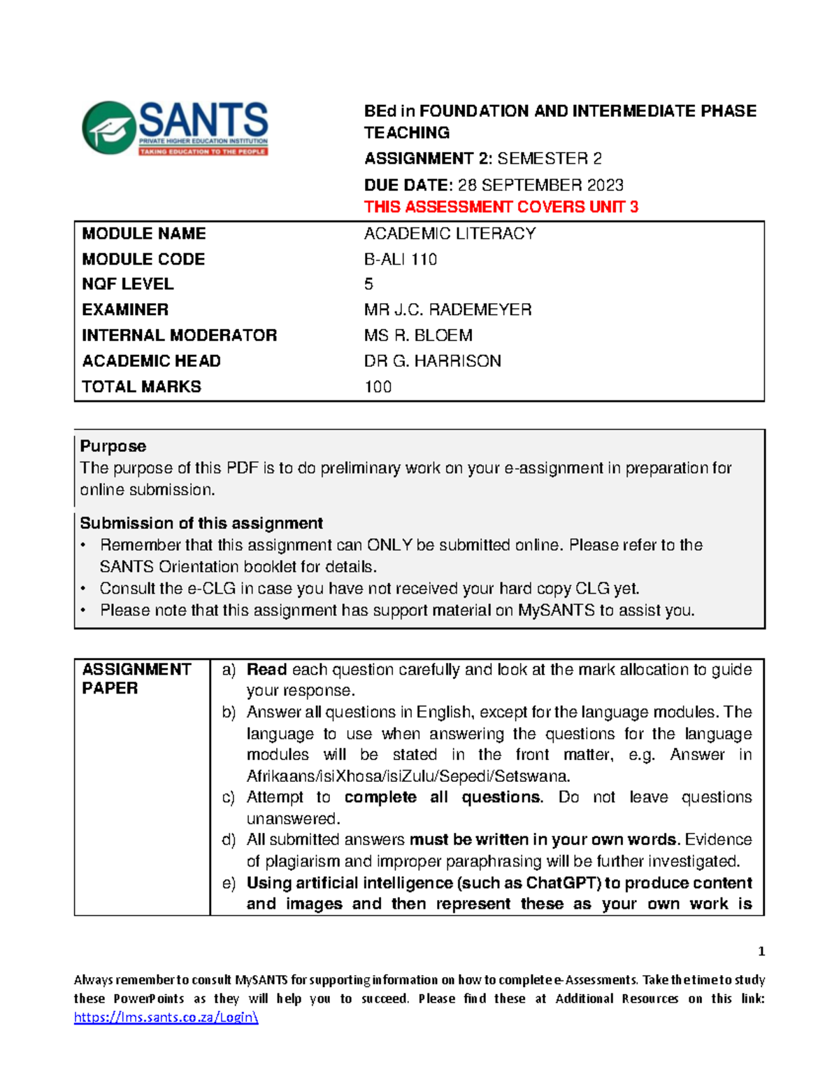 Academic Literary - 1 Always remember to consult MySANTS for supporting ...