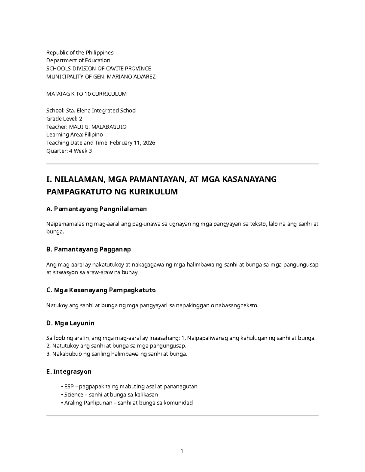 Lesson Plan: Sanhi at Bunga (Grade 2) - Filipino Curriculum - Studocu