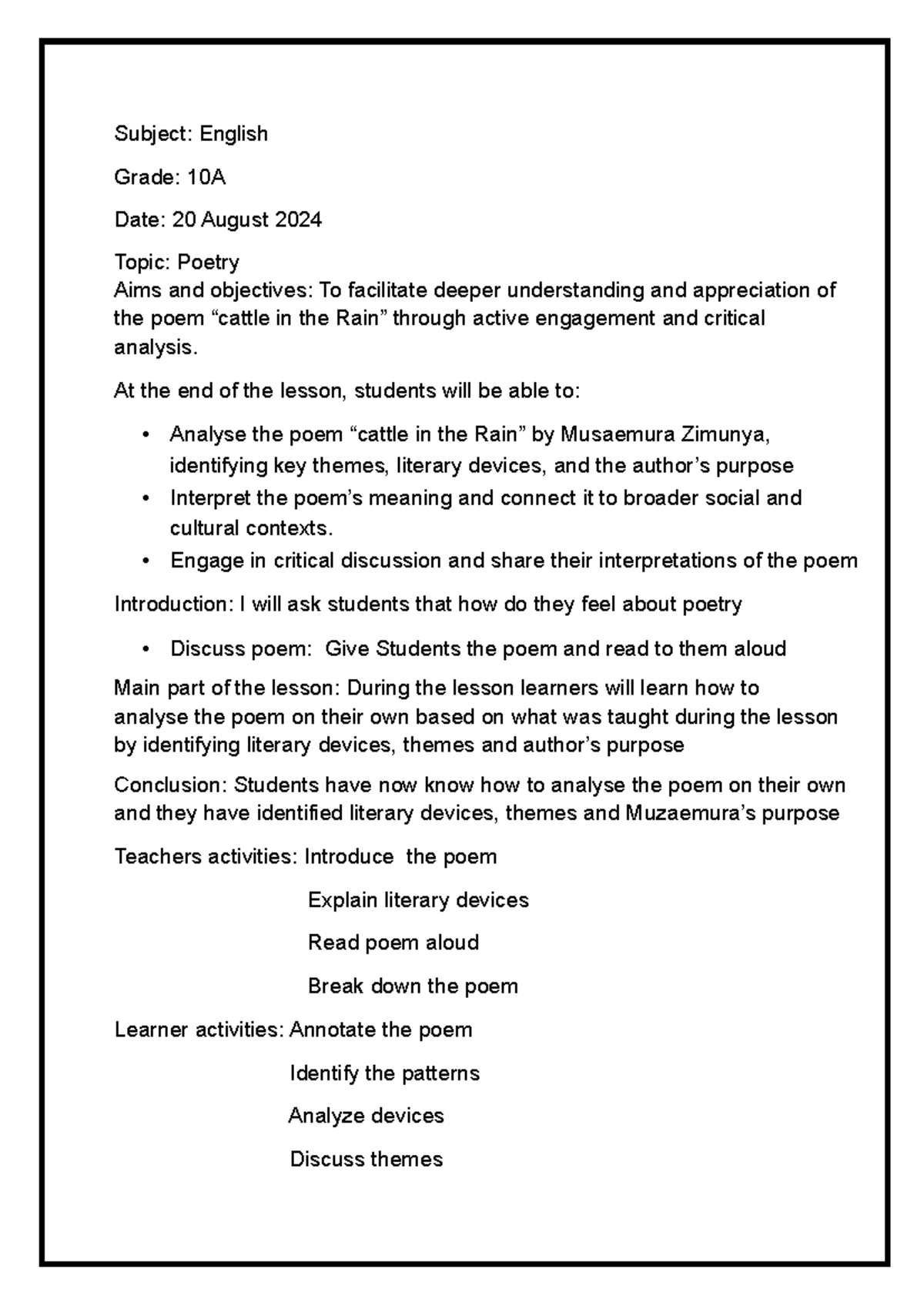English 10A Lesson Plan: Analyzing 'Cattle in the Rain' Poem - Studocu