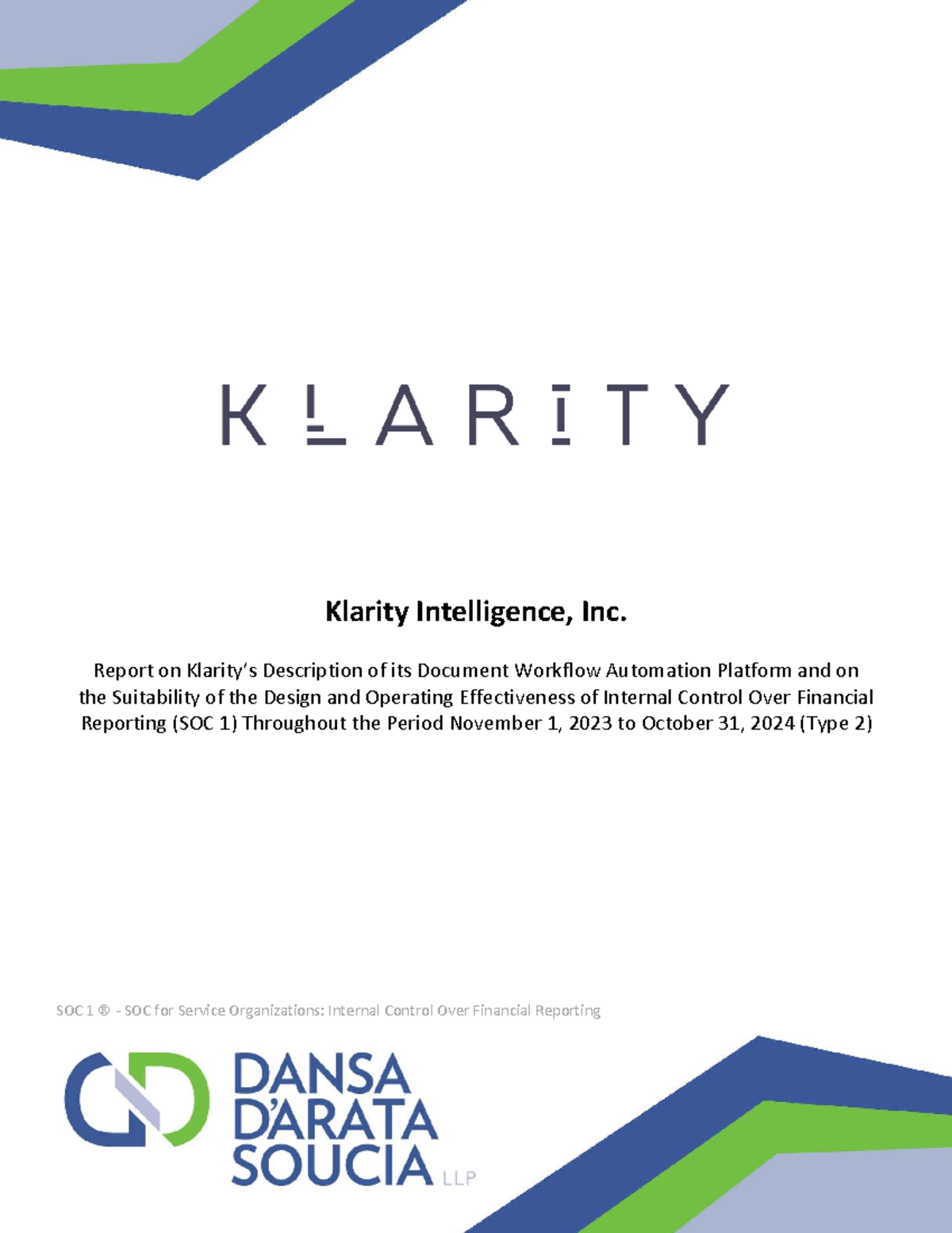 Klarity Intelligence, Inc. SOC 1 Type 2 Report on Document Workflow Automation - Studocu
