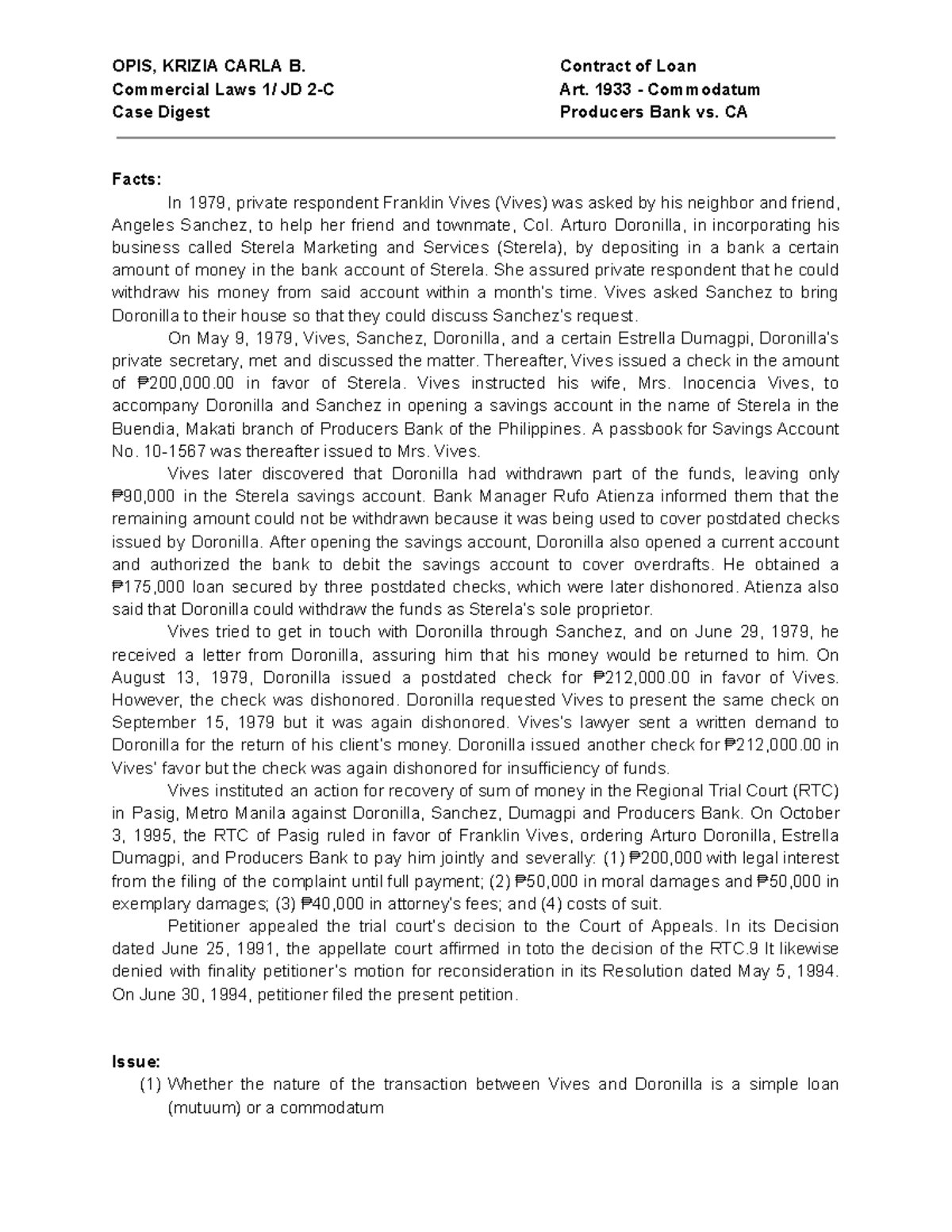 OPIS, KRIZIA CARLA Commercial Laws JD Case Study: Vives vs. Doronilla ...