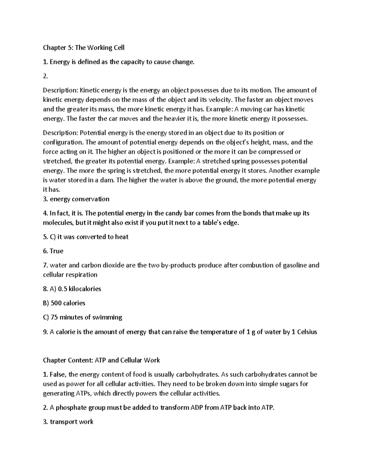 Chapter 5 - answers - Chapter 5: The Working Cell Energy is defined as ...