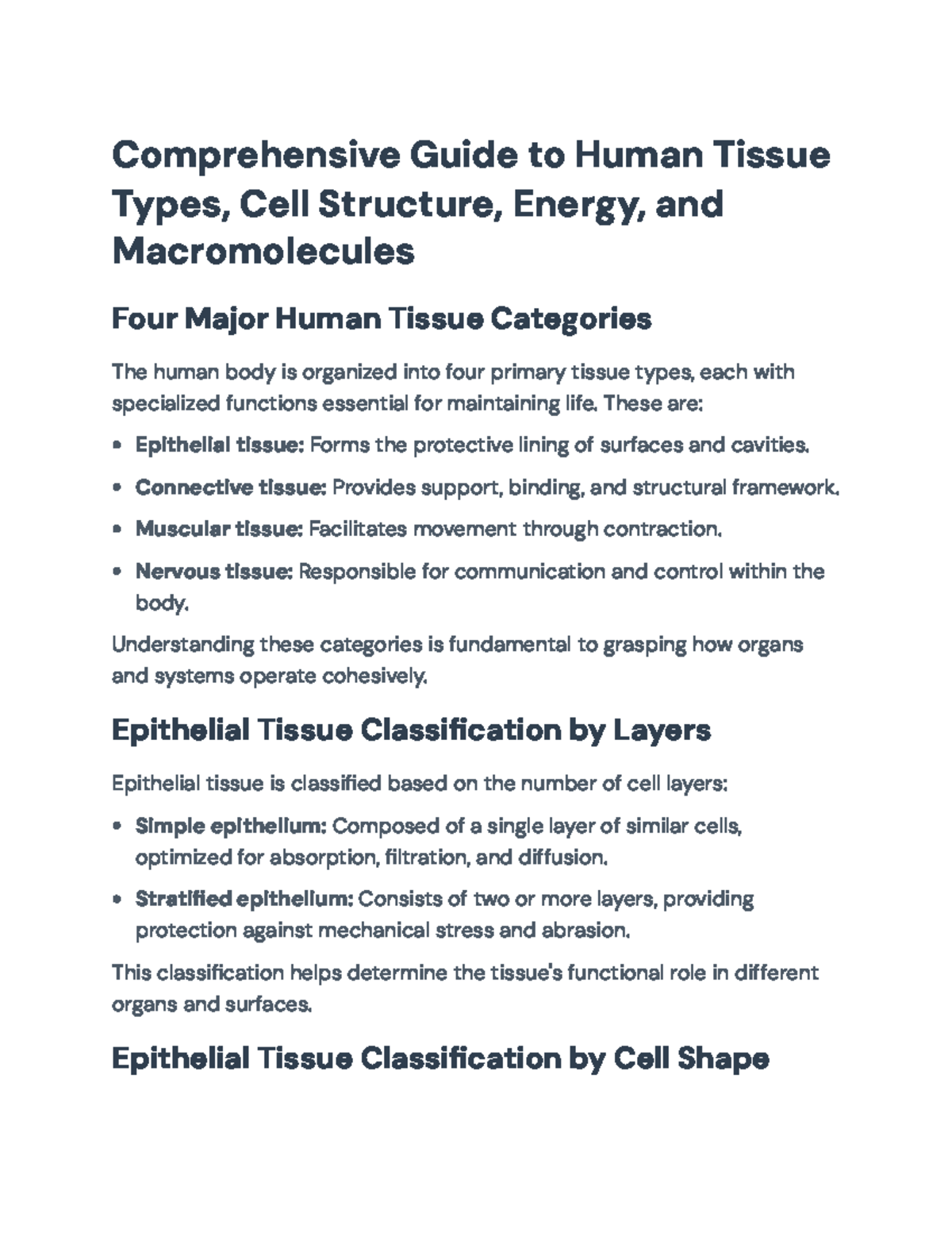 Comprehensive Guide to Human Biology (BIO101): Tissues, Cells, and ...