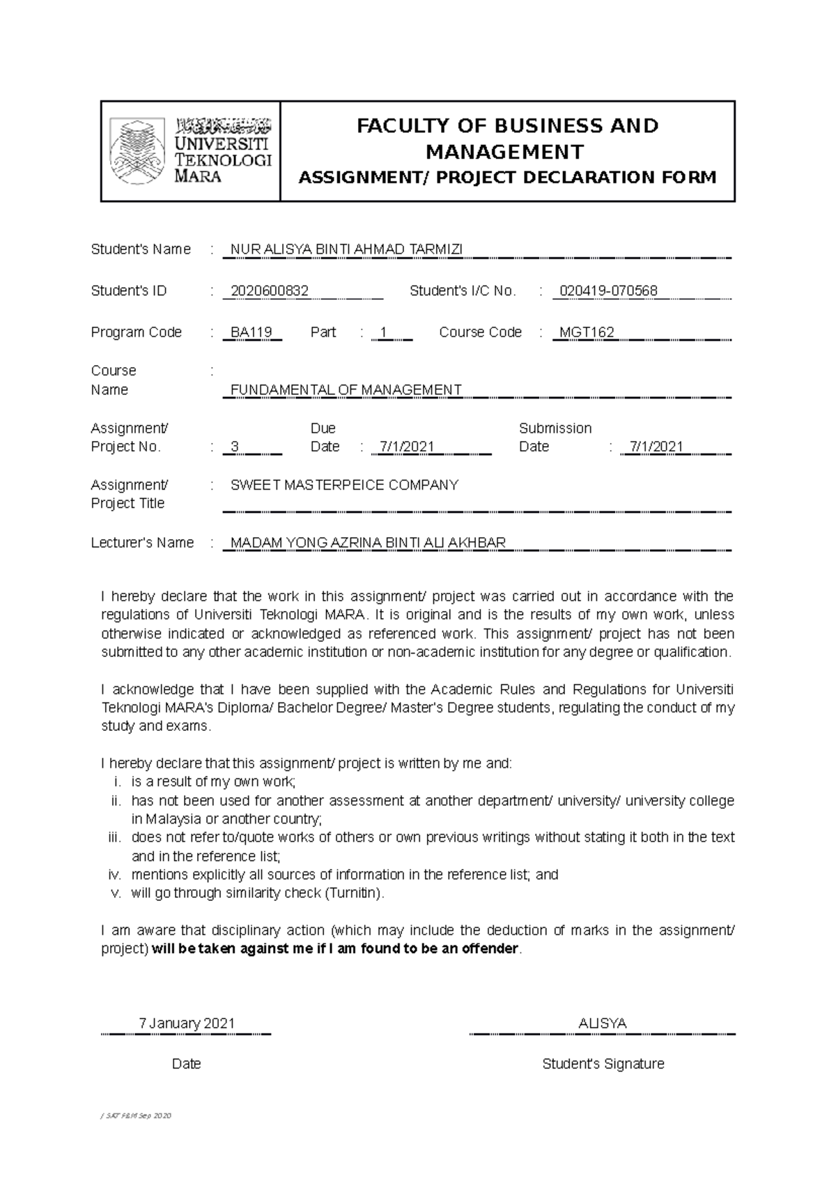 Assignment Project Declaration Form MGT269 - FACULTY OF BUSINESS AND ...