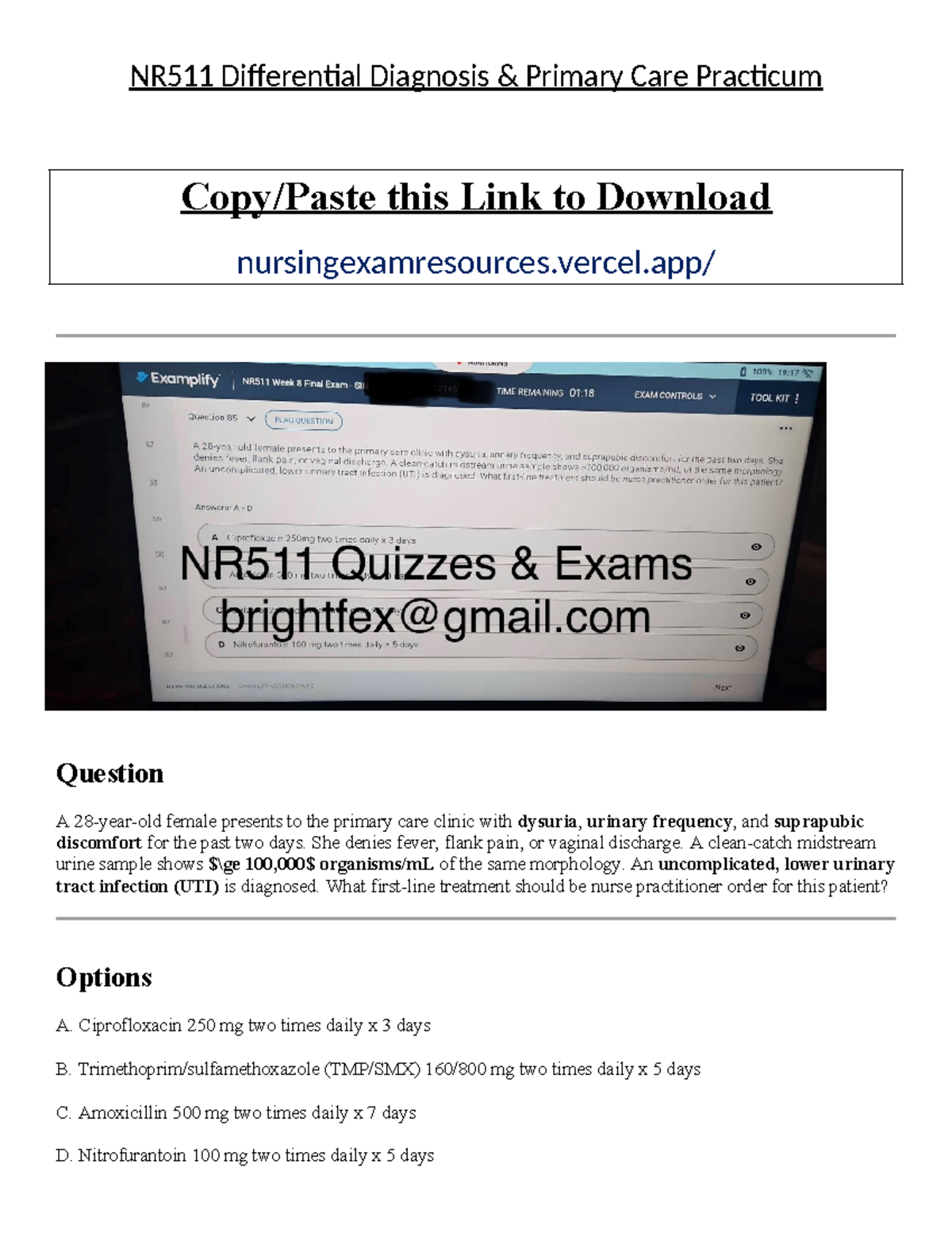 NR511 Differential Diagnosis: UTI Treatment & Exam Questions - Studocu