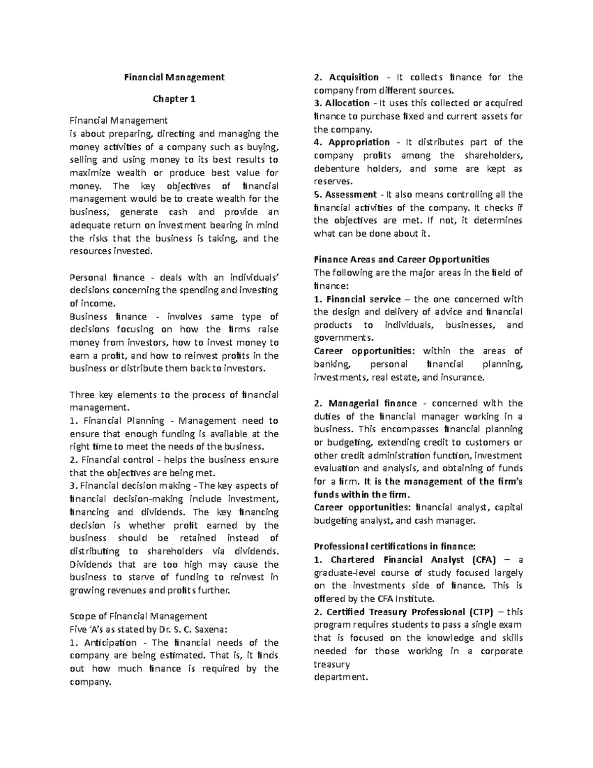 Financial Management Review Notes (Chapter 1 & 2) - FM101 - Studocu