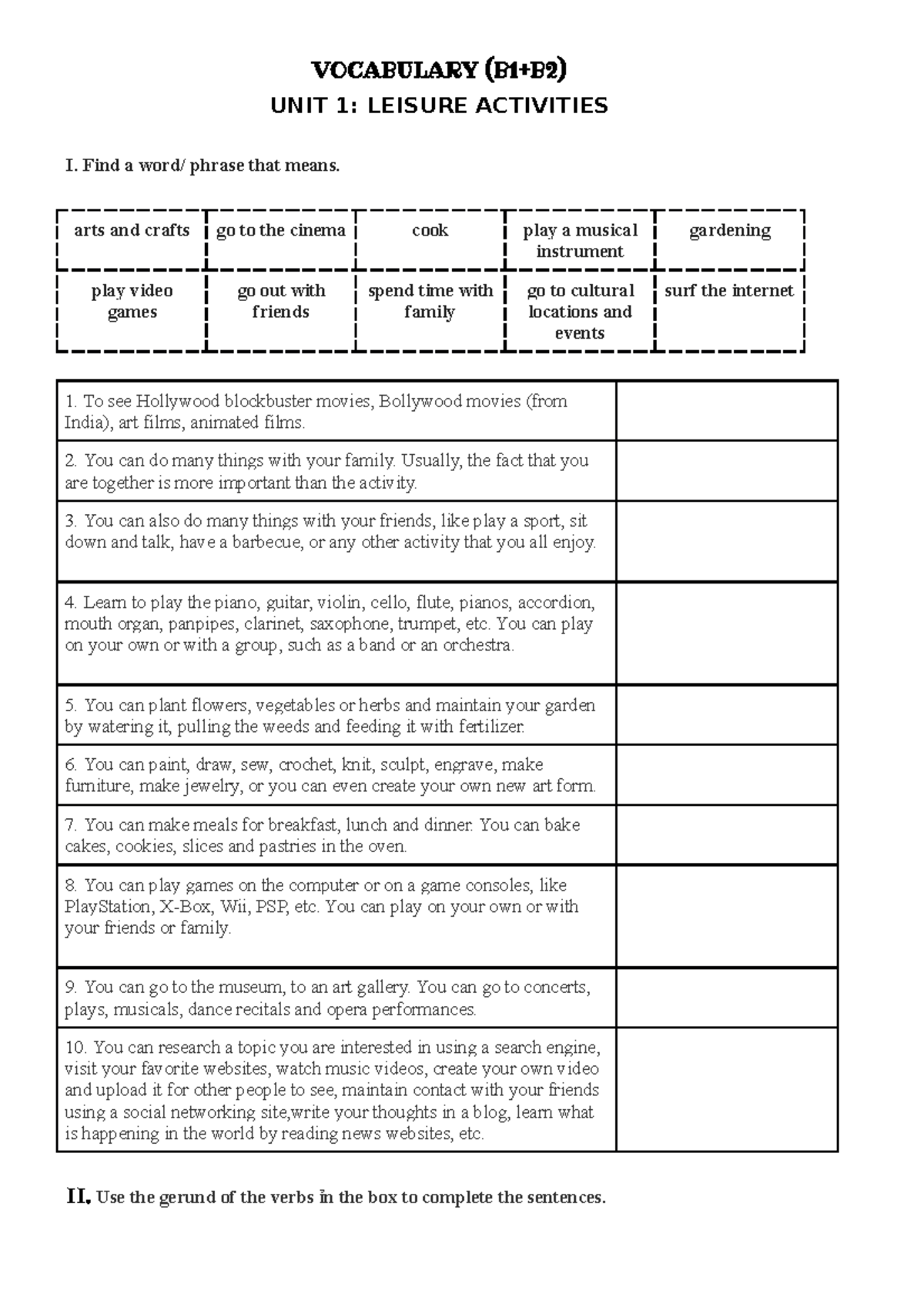 Unit 1 Leisure activities (B1+B2) - VOCABULARY (B 1 +B 2 ) UNIT 1 ...