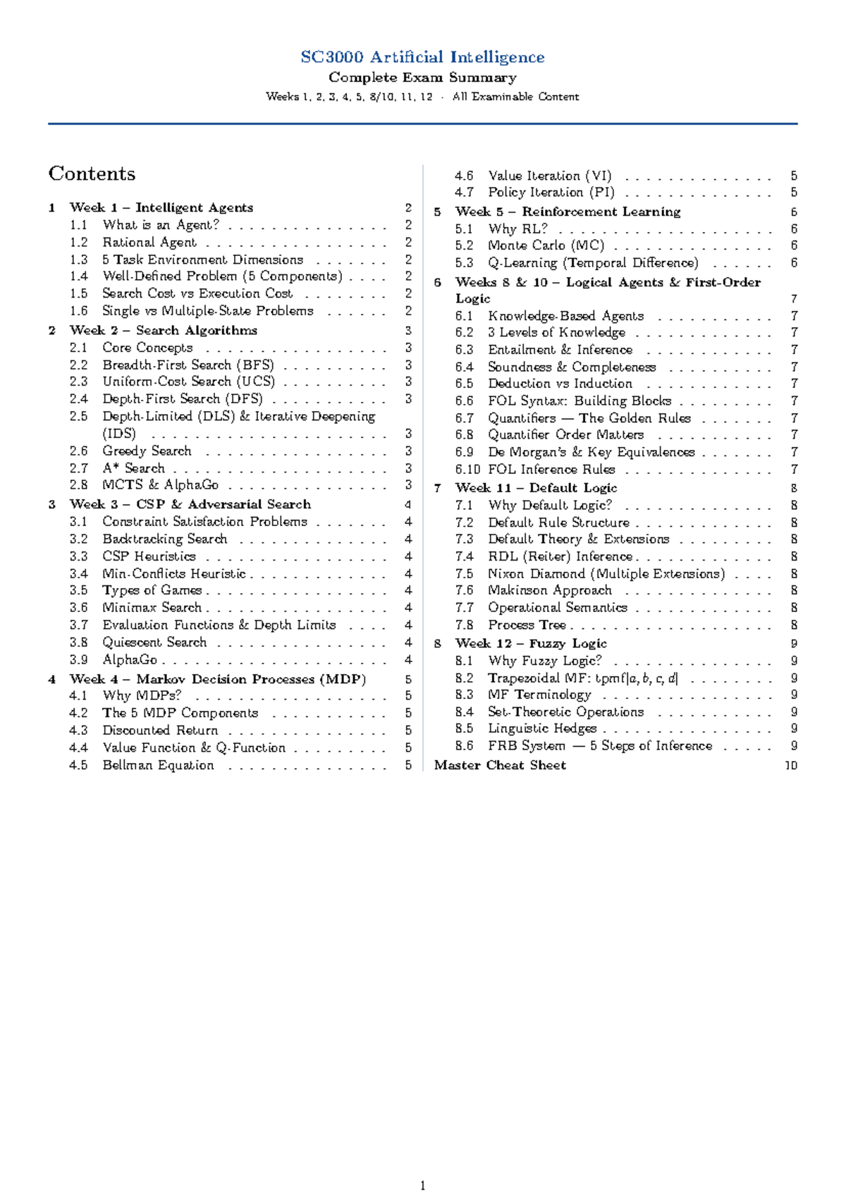 SC3000 Final Exam Cheat Sheet: AI Concepts & Key Formulas - Studocu