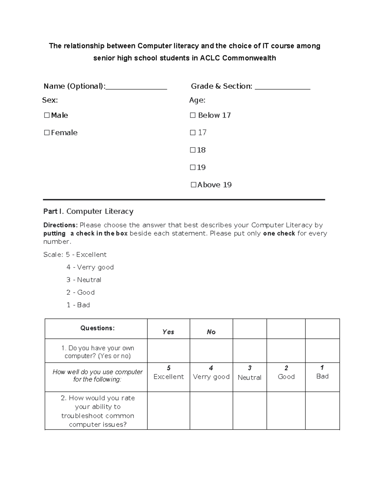 Questionnaire - gsgsggsgsgsgs - The relationship between Computer ...