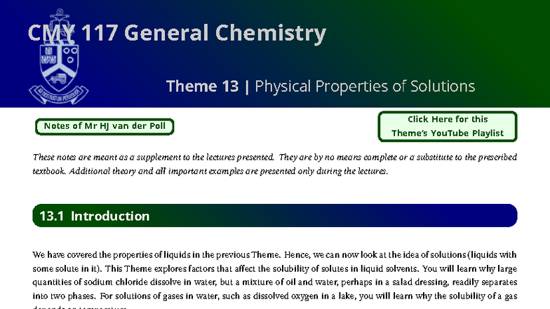 CMY 117 Theme 13: Physical Properties of Solutions - Study Notes - Studocu