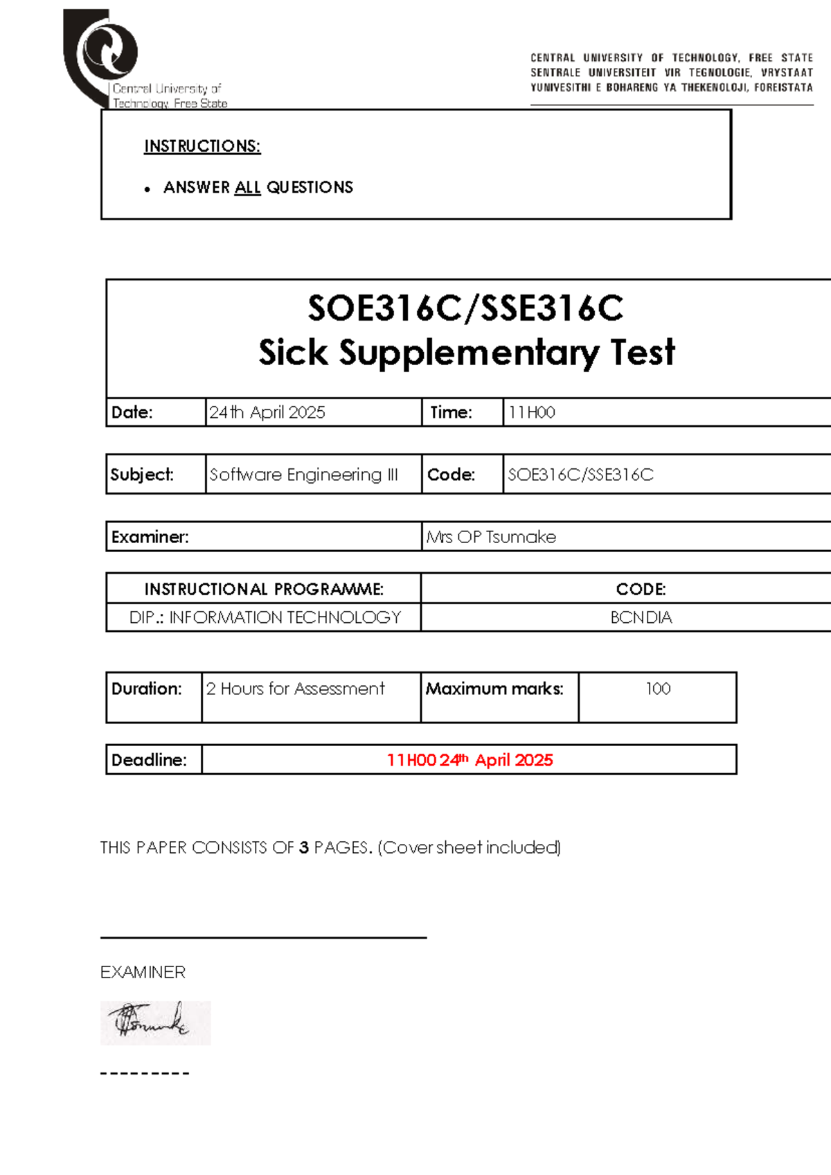 2025 SOE316 Sick Supplementary Test: Project Management Challenges ...