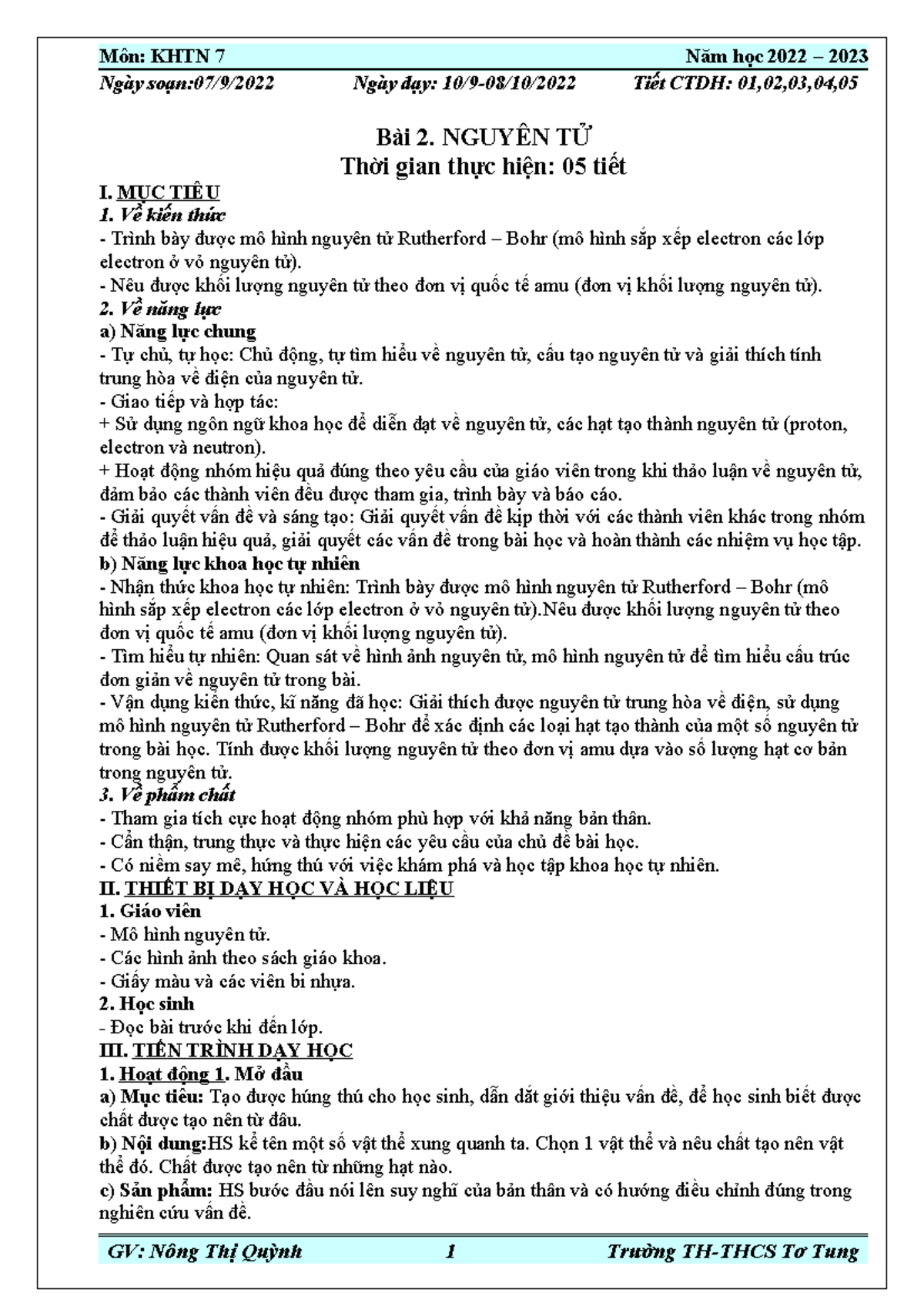Bài 2 - Nguyên Tử: Mô Hình Rutherford Bohr - KHTN 7 Năm Học 2022-2023 ...