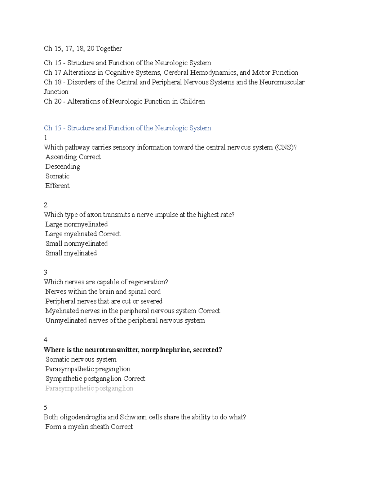 Neuro Practice Questions: Ch 15, 17, 18, 20 Review for Exam - Studocu