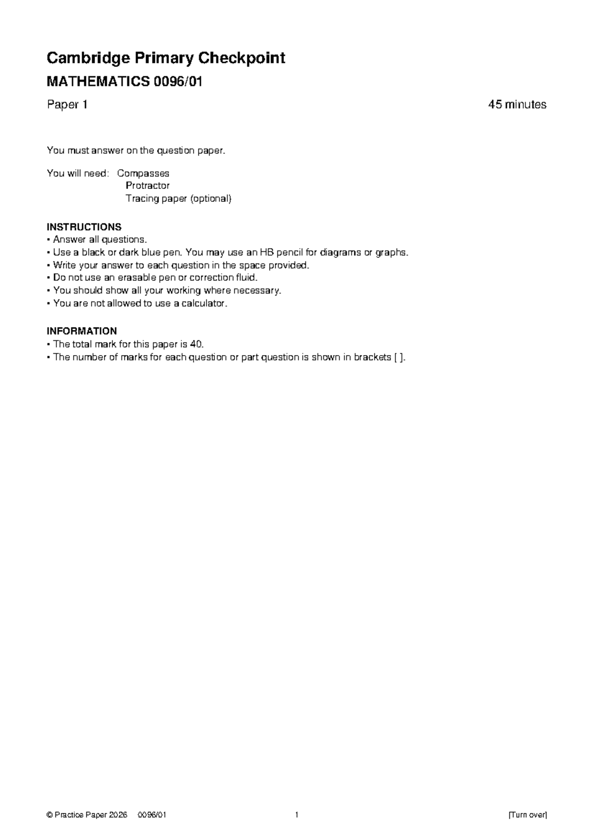 Cambridge Primary Checkpoint Mathematics Paper 1 (2026) - 40 Questions ...