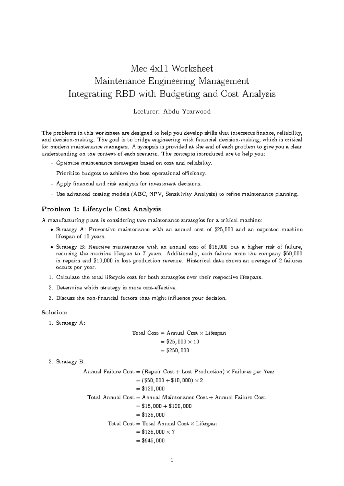 MEC 4X11 Worksheet: Maintenance Costing & Budgeting Analysis - Studocu