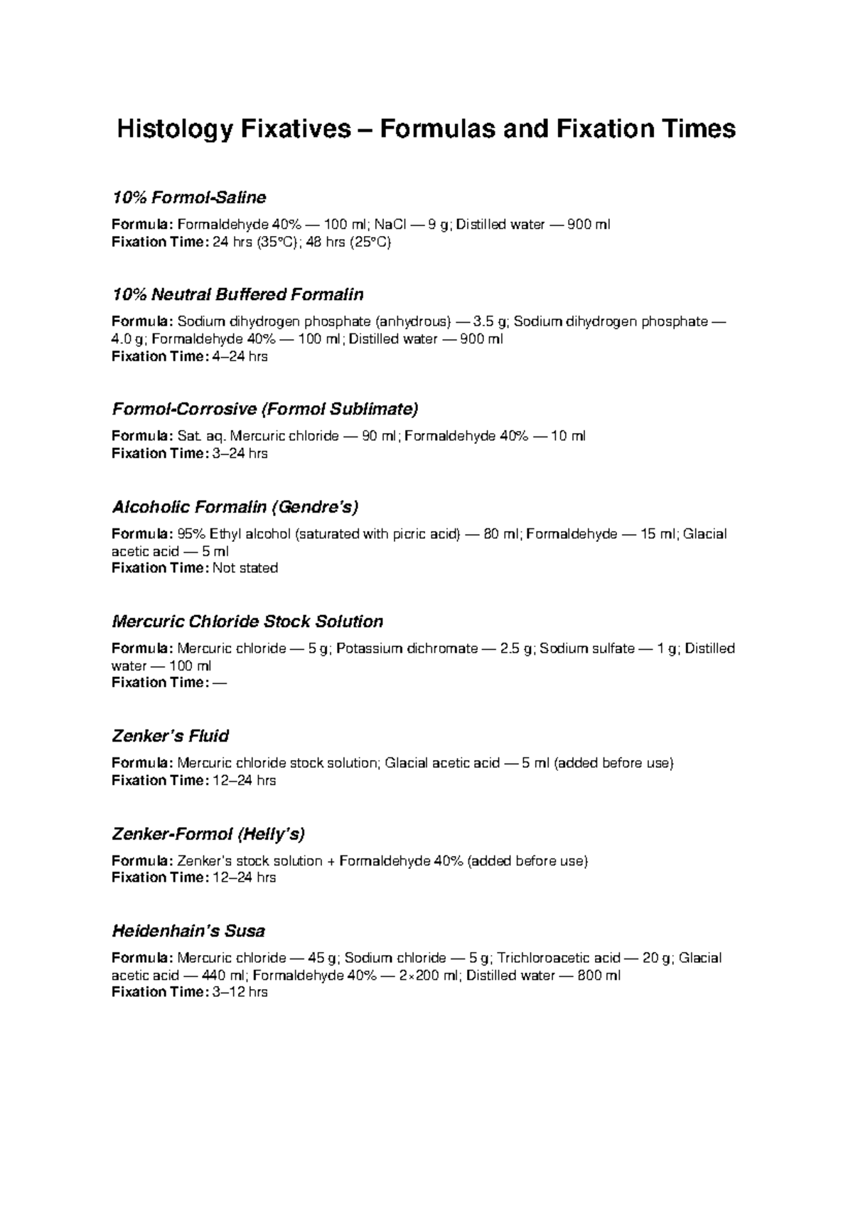 Histology Fixatives & Fixation Times: Formulas & Durations - Studocu