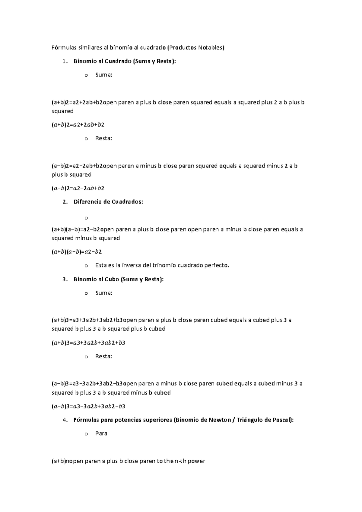 Fórmulas Notables: Binomios al Cuadrado y Cubo - Studocu