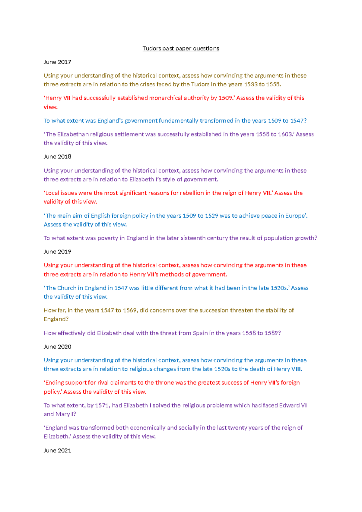 Tudors Past Paper Questions: Examining Key Issues (1509-1603) - Studocu