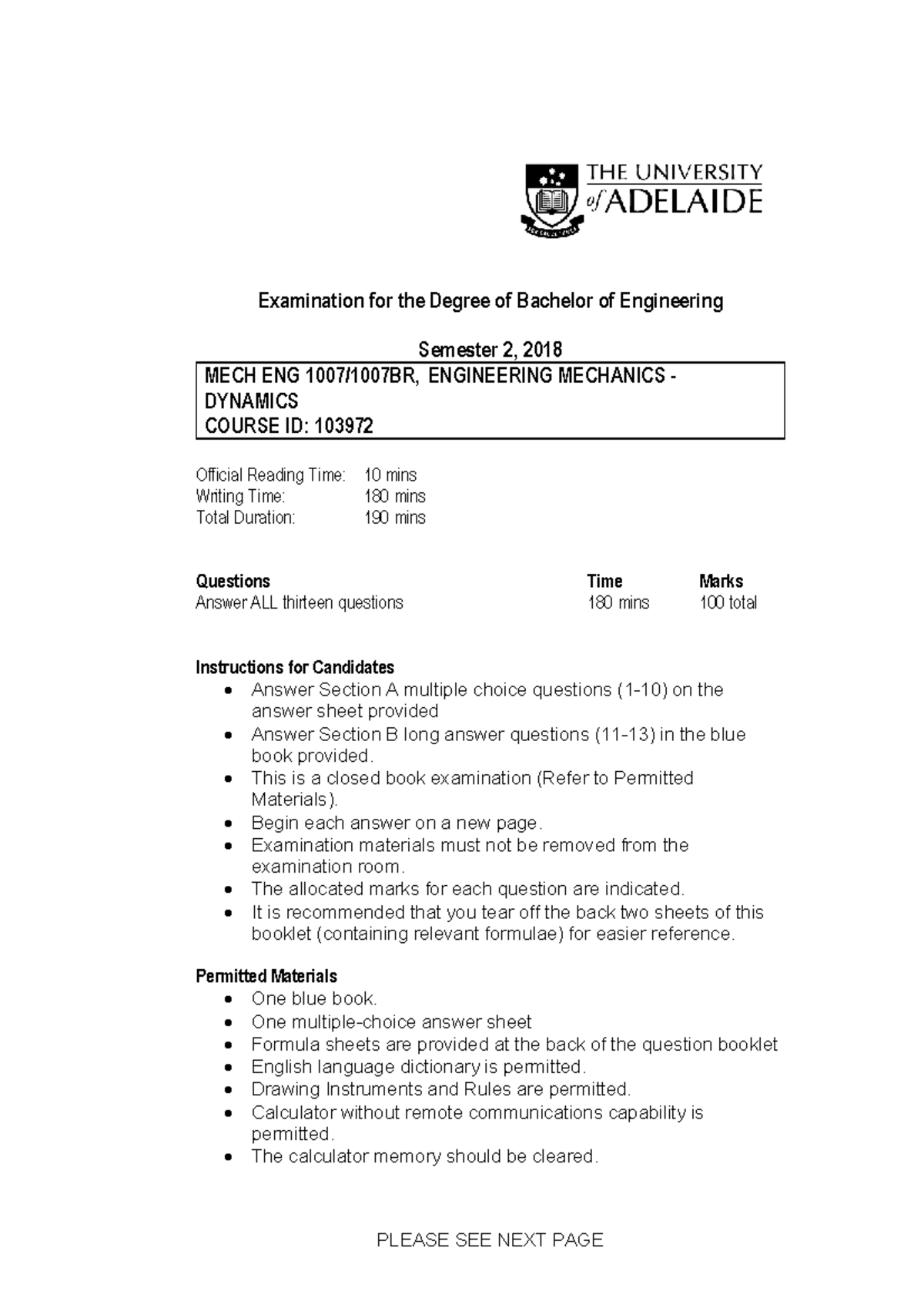 MECH ENG 1007: 2018 Final Exam Dynamics Questions and Instructions ...
