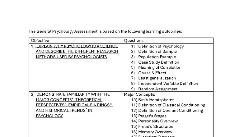 PSY 101 General Psychology Assessment Study Guide - Studocu
