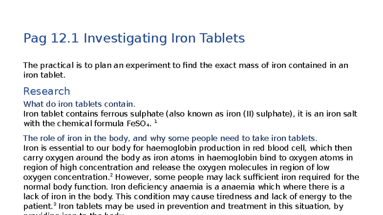 Investigating Iron Content in Tablets: Experiment Write-Up (724941136 ...