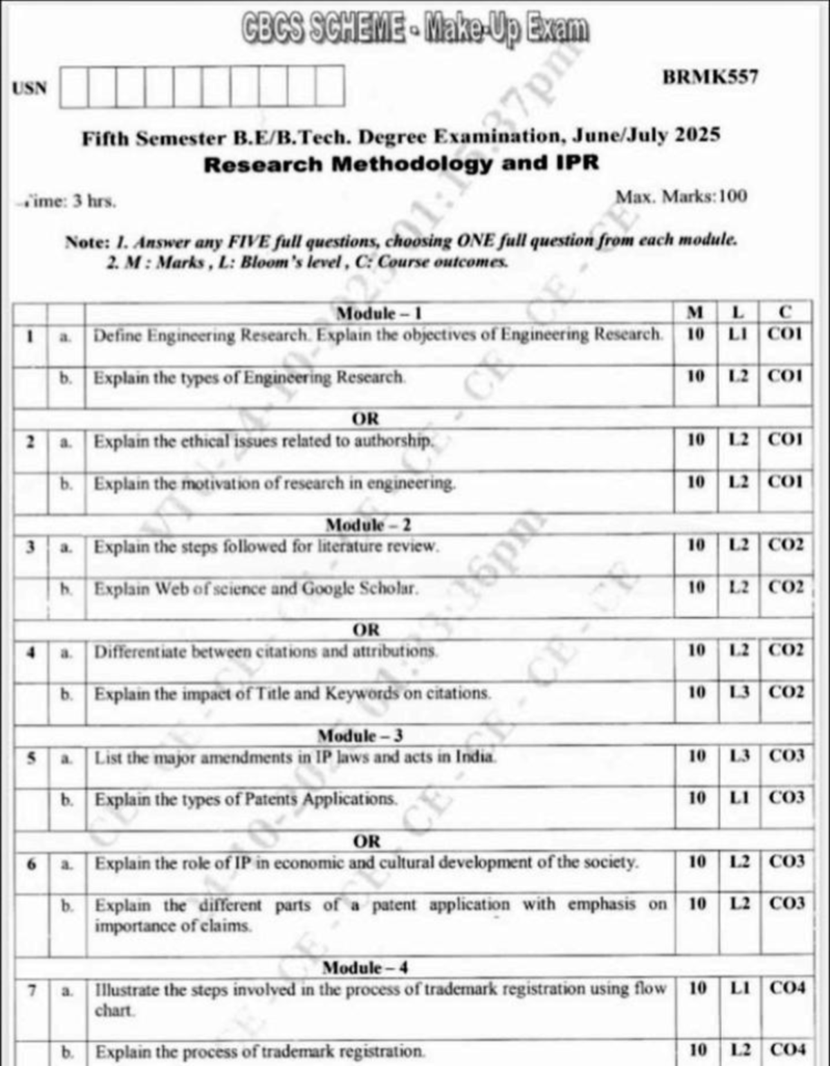 BRMK5S7 Fifth Semester 2025 Research Methodology & IPR Model Question ...
