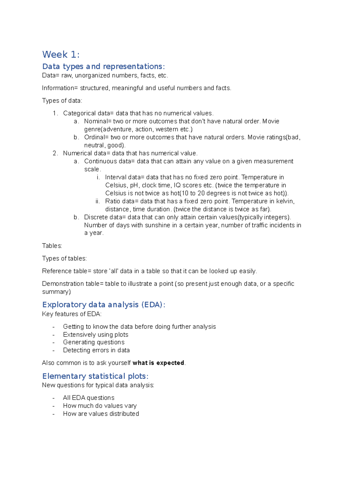 Week 1 Summary: Introduction to EDA and Data Types (DATA101) - Studeersnel